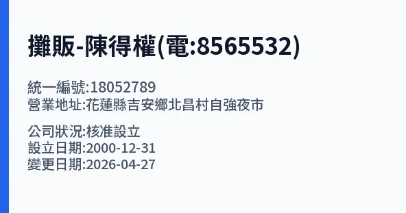 攤販-陳得權(電:8565532)的照片-統編 18052789(花蓮縣) 公司登記資料與營業項目詳細圖表