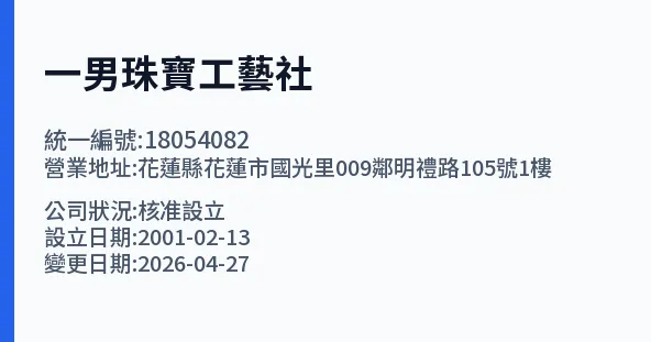 一男珠寶工藝社的照片-統編 18054082(花蓮縣) 公司登記資料與營業項目詳細圖表