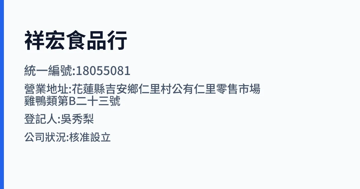 祥宏食品行 - 統編 18055081(花蓮縣) 公司登記資料與營業項目詳細圖表