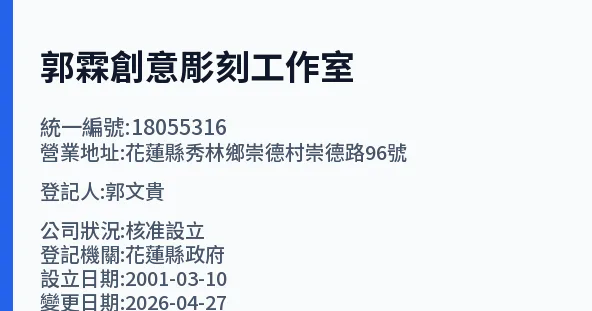 郭霖創意彫刻工作室的照片-統編 18055316(花蓮縣) 公司登記資料與營業項目詳細圖表