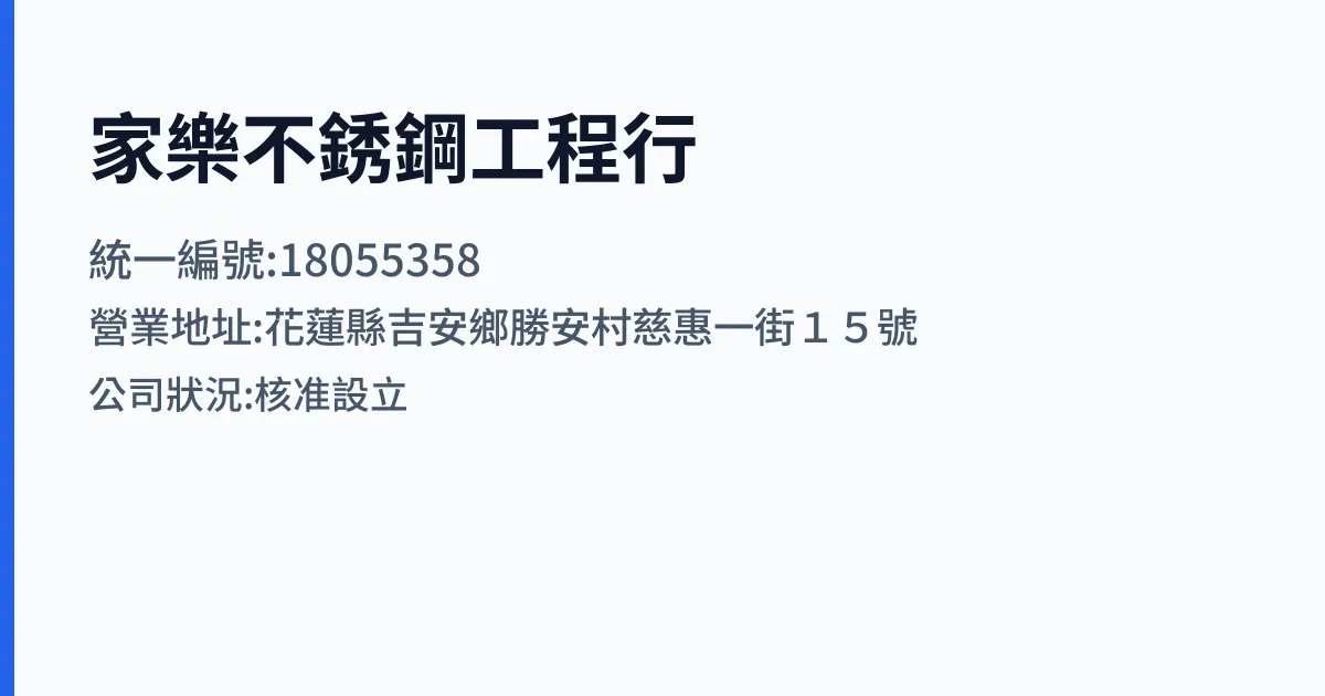 家樂不銹鋼工程行 - 統編 18055358(花蓮縣) 公司登記資料與營業項目詳細圖表