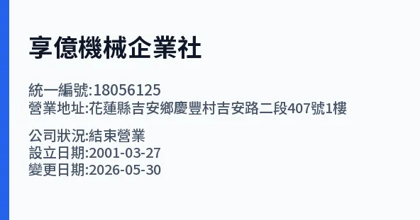 享億機械企業社的照片-統編 18056125(花蓮縣) 公司登記資料與營業項目詳細圖表