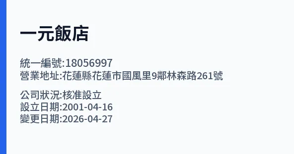 一元飯店的照片-統編 18056997(花蓮縣) 公司登記資料與營業項目詳細圖表