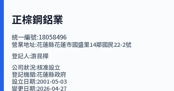 正棕鋼鋁業的照片-統編 18058496(花蓮縣) 公司登記資料與營業項目詳細圖表