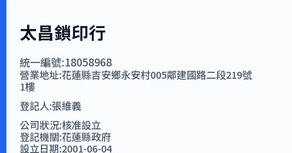 太昌鎖印行的照片-統編 18058968(花蓮縣) 公司登記資料與營業項目詳細圖表