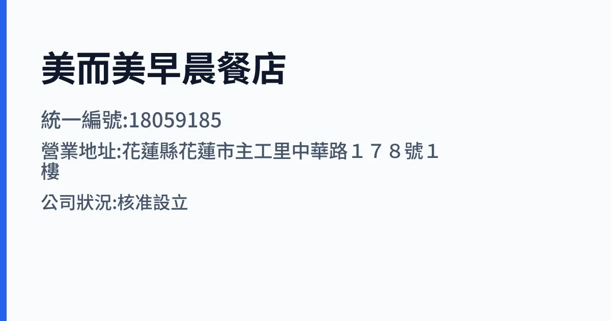 美而美早晨餐店 - 統編 18059185(花蓮縣) 公司登記資料與營業項目詳細圖表