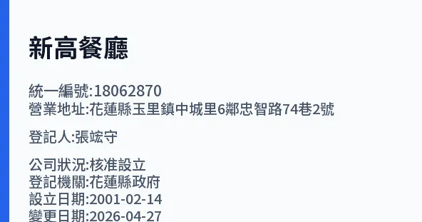 新高餐廳的照片-統編 18062870(花蓮縣) 公司登記資料與營業項目詳細圖表