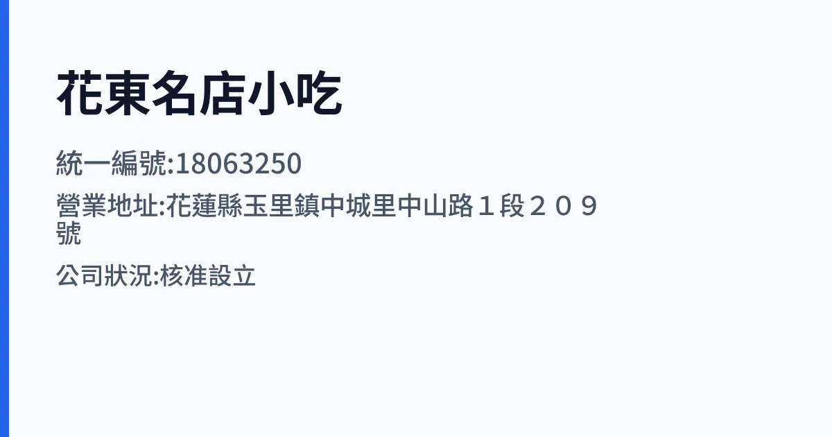 花東名店小吃 - 統編 18063250(花蓮縣) 公司登記資料與營業項目詳細圖表