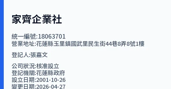 家齊企業社的照片-統編 18063701(花蓮縣) 公司登記資料與營業項目詳細圖表