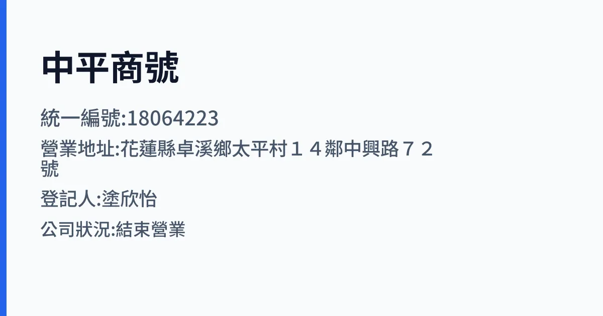 中平商號 - 統編 18064223(花蓮縣) 公司登記資料與營業項目詳細圖表