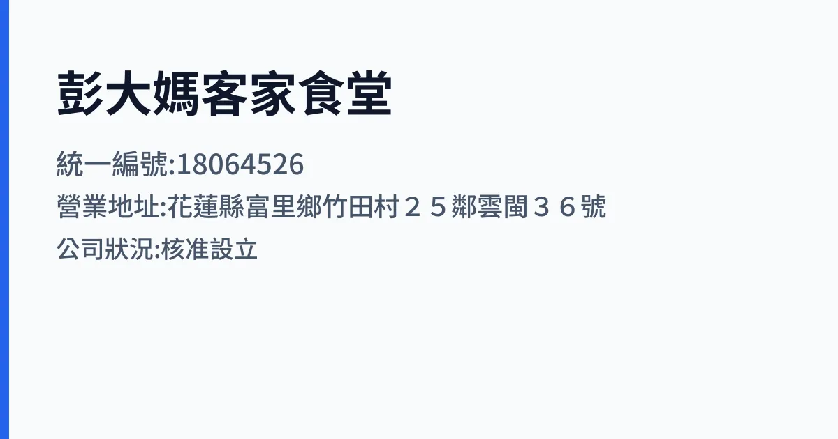 彭大媽客家食堂 - 統編 18064526(花蓮縣) 公司登記資料與營業項目詳細圖表