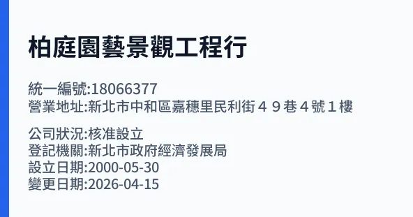 柏庭園藝景觀工程行的照片-統編 18066377(新北市) 公司登記資料與營業項目詳細圖表