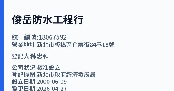 俊岳防水工程行的照片-統編 18067592(新北市) 公司登記資料與營業項目詳細圖表