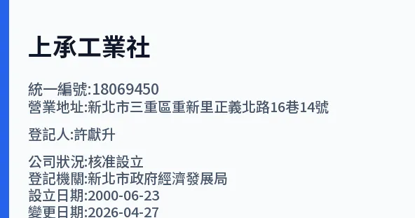 上承工業社的照片-統編 18069450(新北市) 公司登記資料與營業項目詳細圖表