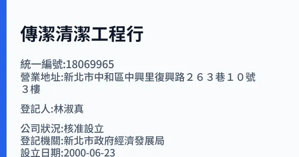 傳潔清潔工程行的照片-統編 18069965(新北市) 公司登記資料與營業項目詳細圖表