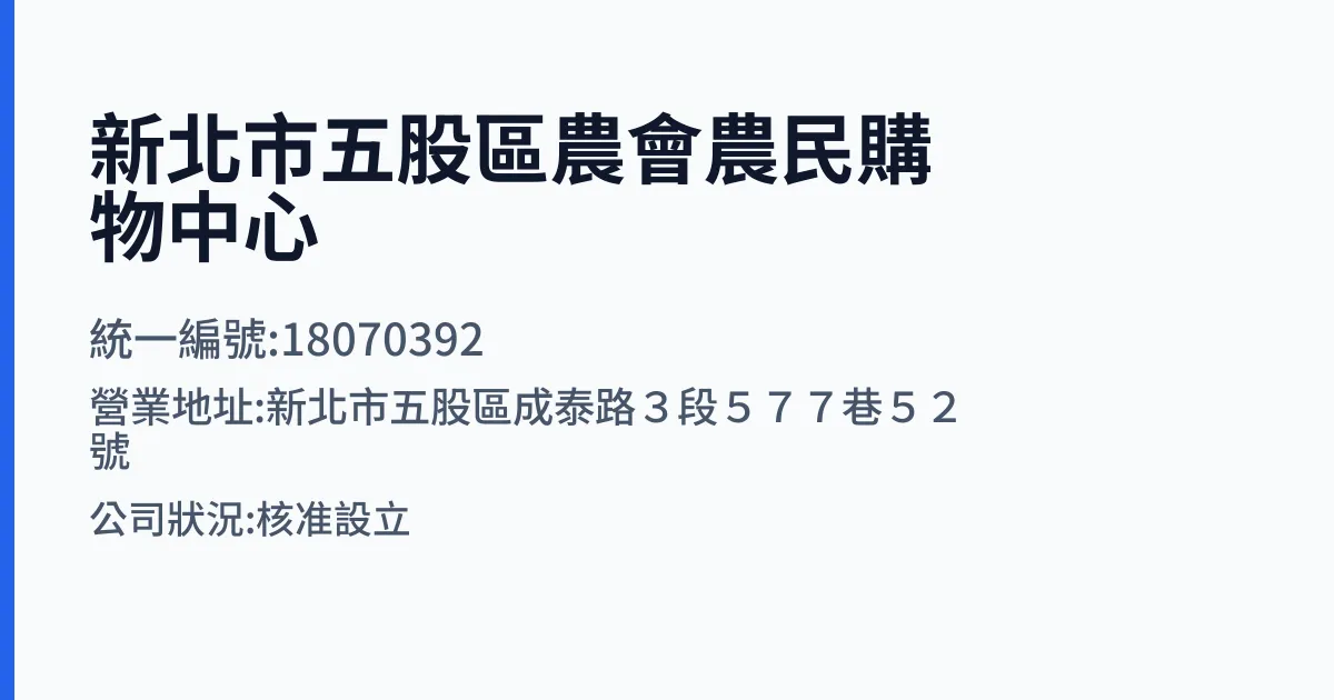 新北市五股區農會農民購物中心 - 統編 18070392(新北市) 公司登記資料與營業項目詳細圖表