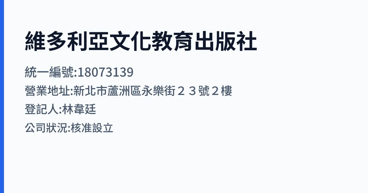 維多利亞文化教育出版社 - 統編 18073139(新北市) 公司登記資料與營業項目詳細圖表
