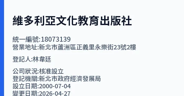 維多利亞文化教育出版社的照片-統編 18073139(新北市) 公司登記資料與營業項目詳細圖表