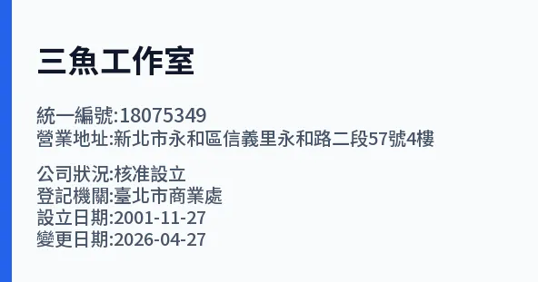 三魚工作室的照片-統編 18075349(新北市) 公司登記資料與營業項目詳細圖表