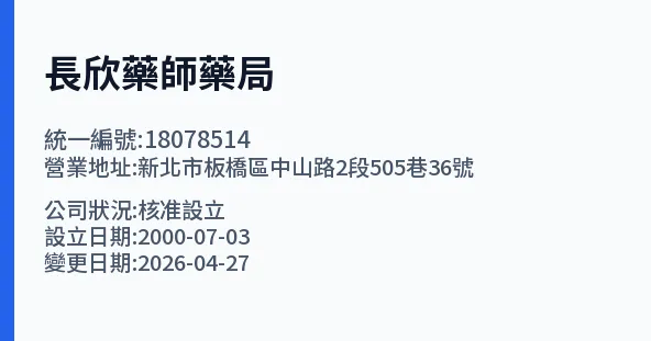 長欣藥師藥局的照片-統編 18078514(新北市) 公司登記資料與營業項目詳細圖表