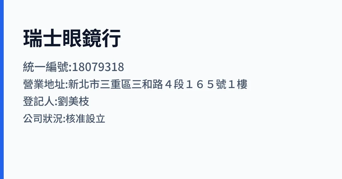 瑞士眼鏡行 - 統編 18079318(新北市) 公司登記資料與營業項目詳細圖表