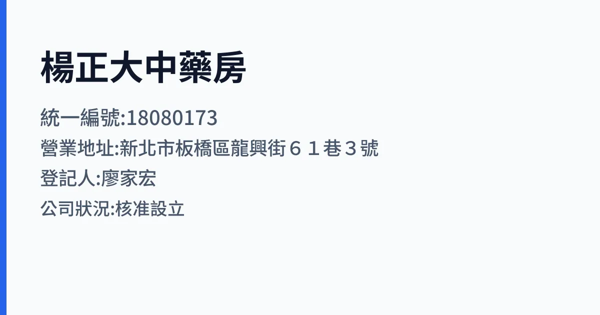 楊正大中藥房 - 統編 18080173(新北市) 公司登記資料與營業項目詳細圖表