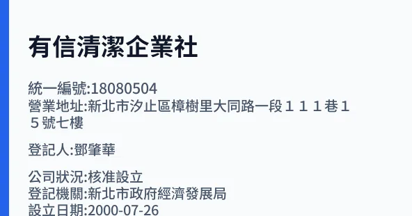 有信清潔企業社的照片-統編 18080504(新北市) 公司登記資料與營業項目詳細圖表