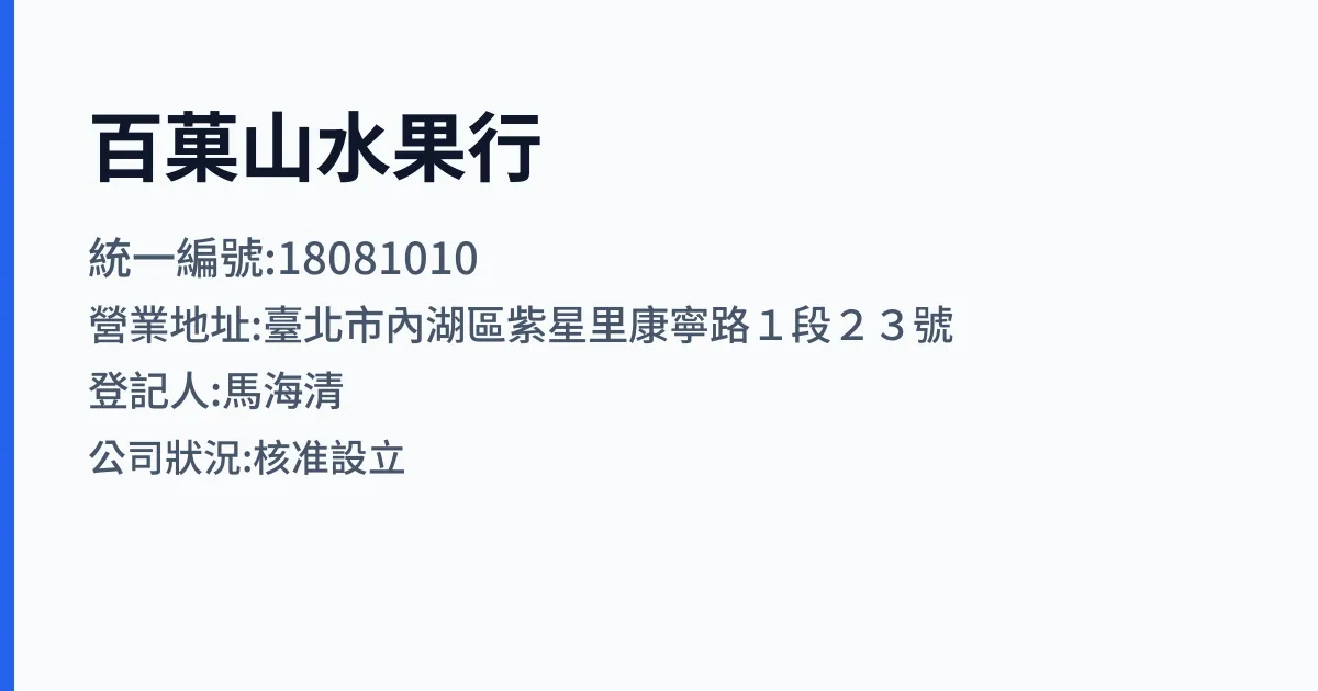 百菓山水果行 - 統編 18081010(臺北市) 公司登記資料與營業項目詳細圖表