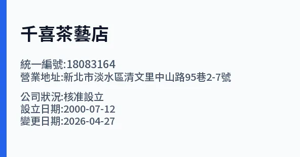 千喜茶藝店的照片-統編 18083164(新北市) 公司登記資料與營業項目詳細圖表