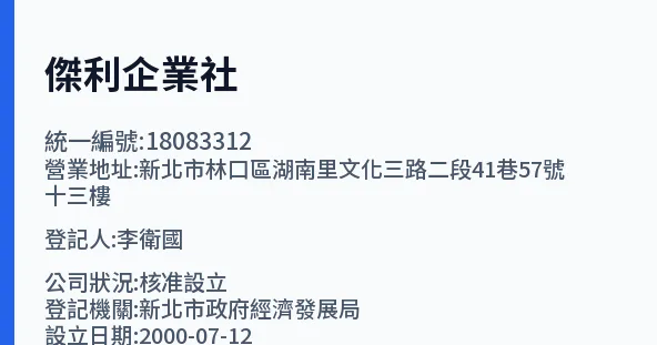 傑利企業社的照片-統編 18083312(新北市) 公司登記資料與營業項目詳細圖表