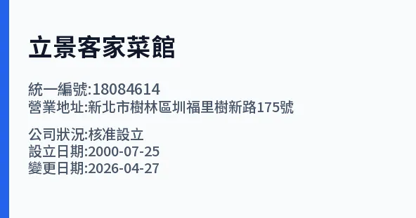 立景客家菜館的照片-統編 18084614(新北市) 公司登記資料與營業項目詳細圖表