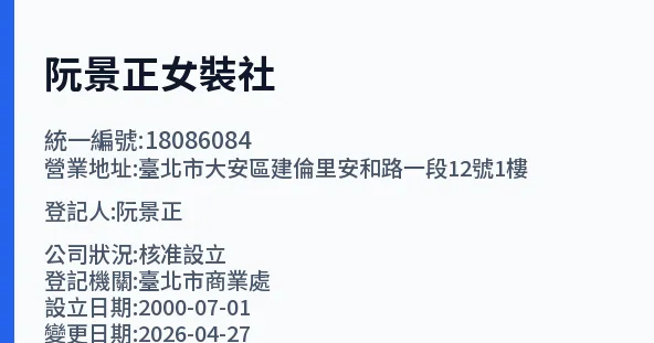 阮景正女裝社的照片-統編 18086084(臺北市) 公司登記資料與營業項目詳細圖表