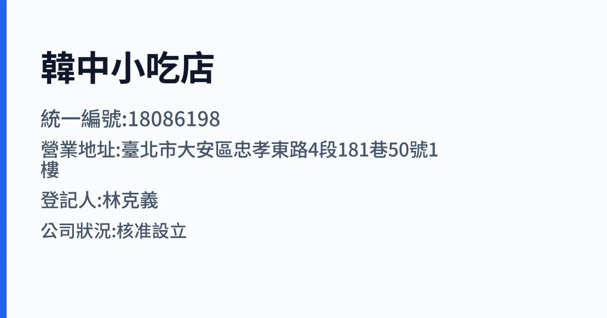 韓中小吃店 - 統編 18086198(臺北市) 公司登記資料與營業項目詳細圖表