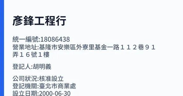 彥鋒工程行的照片-統編 18086438(基隆市) 公司登記資料與營業項目詳細圖表