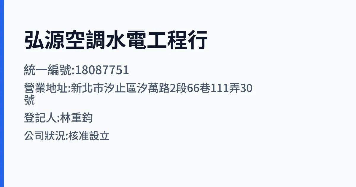 弘源空調水電工程行 - 統編 18087751(新北市) 公司登記資料與營業項目詳細圖表
