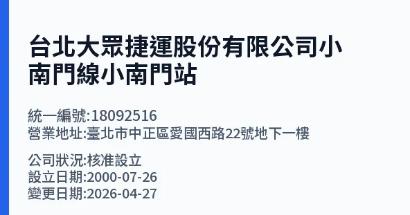 台北大眾捷運股份有限公司小南門線小南門站的照片-統編 18092516(臺北市) 公司登記資料與營業項目詳細圖表