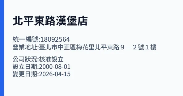 北平東路漢堡店 - 統編 18092564(臺北市) 公司登記資料與營業項目詳細圖表