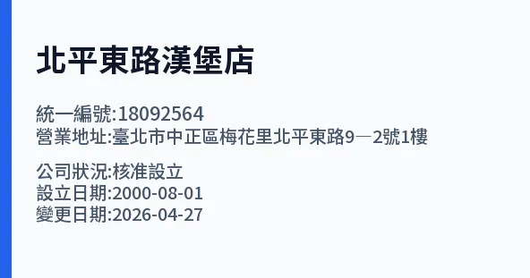 北平東路漢堡店的照片-統編 18092564(臺北市) 公司登記資料與營業項目詳細圖表