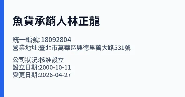 魚貨承銷人林正龍的照片-統編 18092804(臺北市) 公司登記資料與營業項目詳細圖表