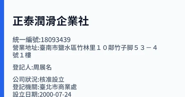 正泰潤滑企業社的照片-統編 18093439(臺南市) 公司登記資料與營業項目詳細圖表