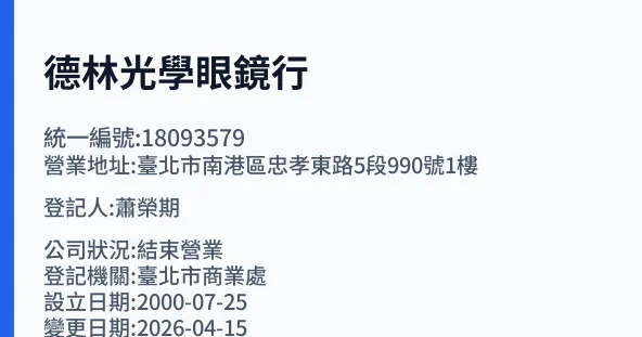德林光學眼鏡行的照片-統編 18093579(臺北市) 公司登記資料與營業項目詳細圖表