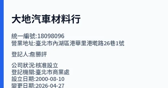 大地汽車材料行的照片-統編 18098096(臺北市) 公司登記資料與營業項目詳細圖表