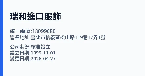 瑞和進口服飾的照片-統編 18099686(臺北市) 公司登記資料與營業項目詳細圖表
