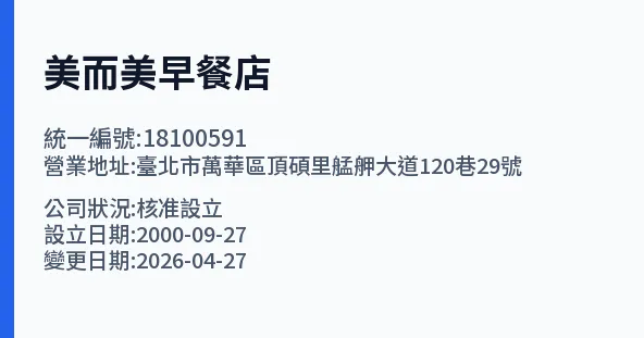 美而美早餐店的照片-統編 18100591(臺北市) 公司登記資料與營業項目詳細圖表