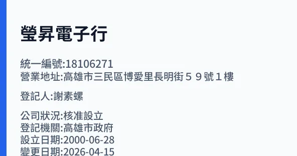 瑩昇電子行的照片-統編 18106271(高雄市) 公司登記資料與營業項目詳細圖表