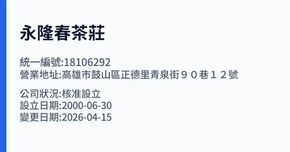 永隆春茶莊的照片-統編 18106292(高雄市) 公司登記資料與營業項目詳細圖表