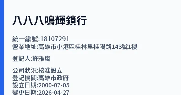 八八八鳴輝鎖行的照片-統編 18107291(高雄市) 公司登記資料與營業項目詳細圖表