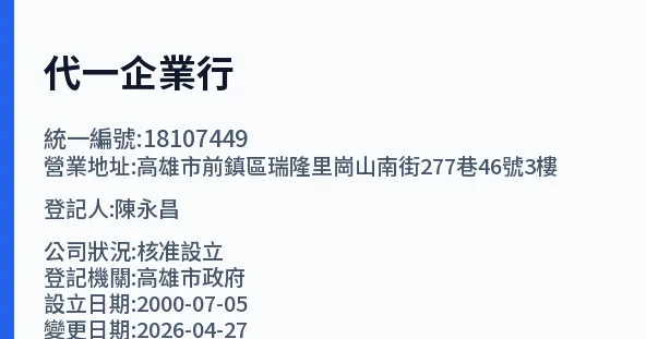 代一企業行的照片-統編 18107449(高雄市) 公司登記資料與營業項目詳細圖表