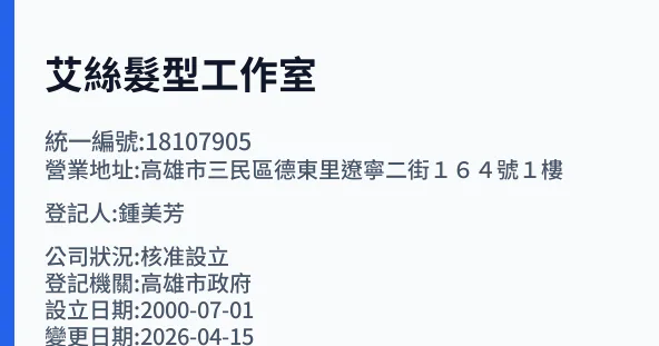 艾絲髮型工作室的照片-統編 18107905(高雄市) 公司登記資料與營業項目詳細圖表