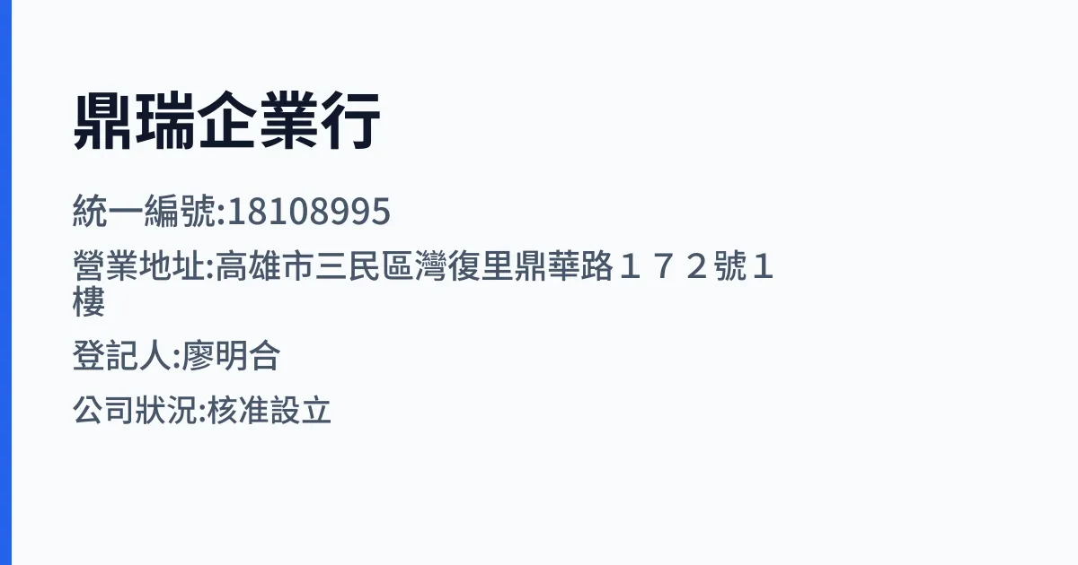 鼎瑞企業行 - 統編 18108995(高雄市) 公司登記資料與營業項目詳細圖表